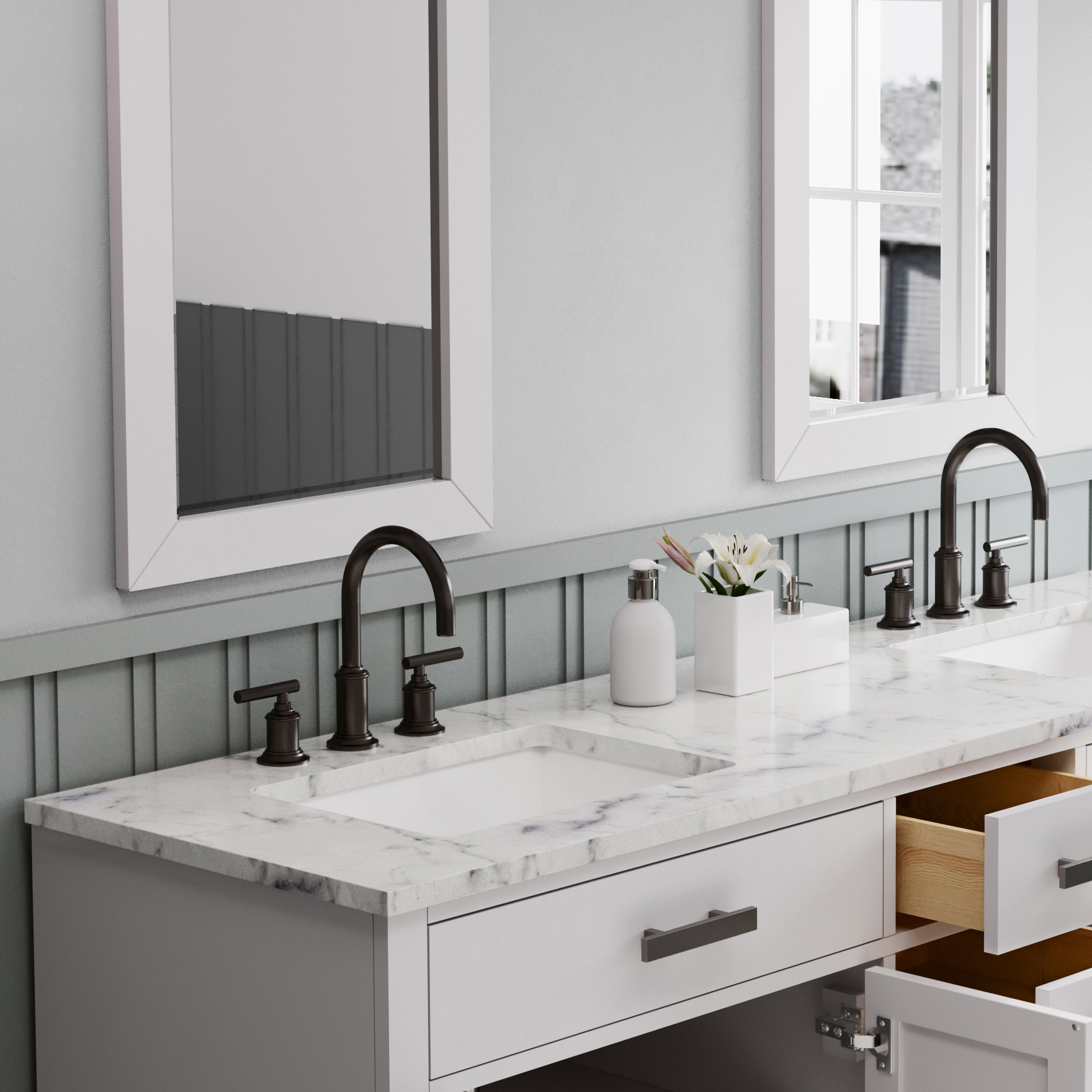 72" Double Sink Carrara White Marble Countertop Bath Vanity in Pure ...