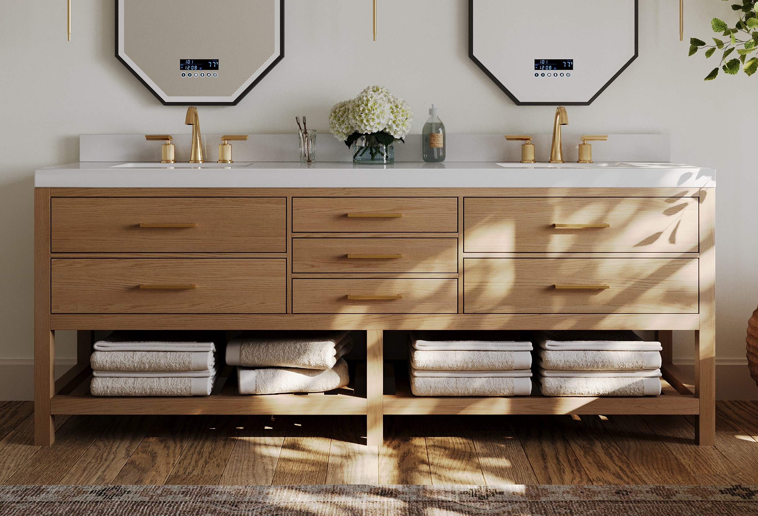 84" Double Bathroom Vanity in Oak Finish with White quartz Vanity Top ...