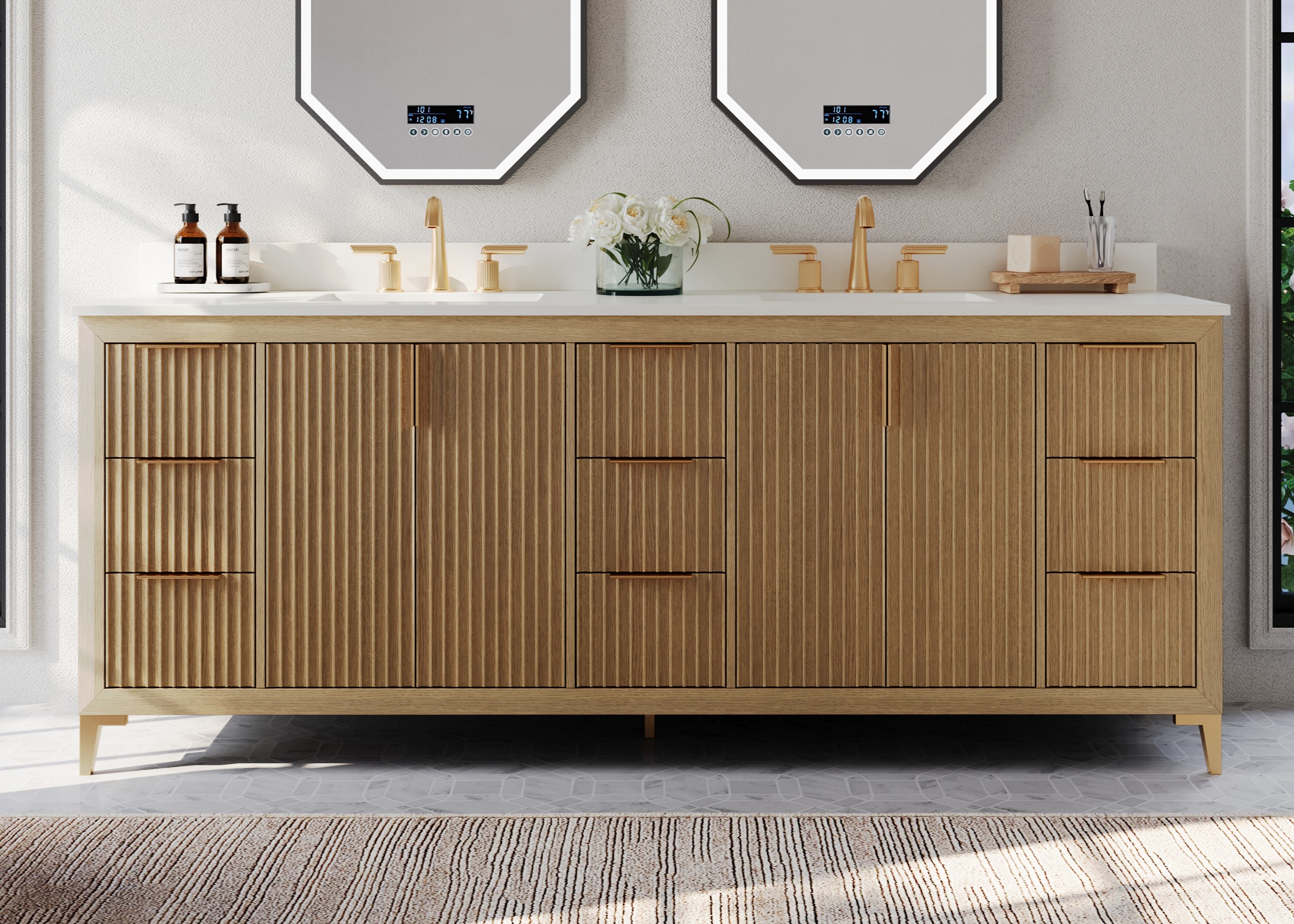 84" Double Bath Vanity in Oak Finish with White quartz Vanity Top and ...